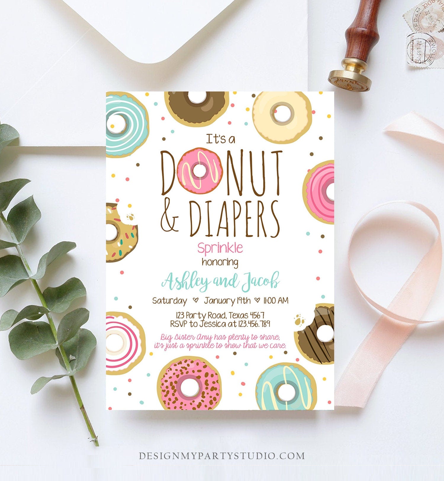 Editable Donut and Diapers Sprinkle Invitation Sprinkled With Love Coe ...