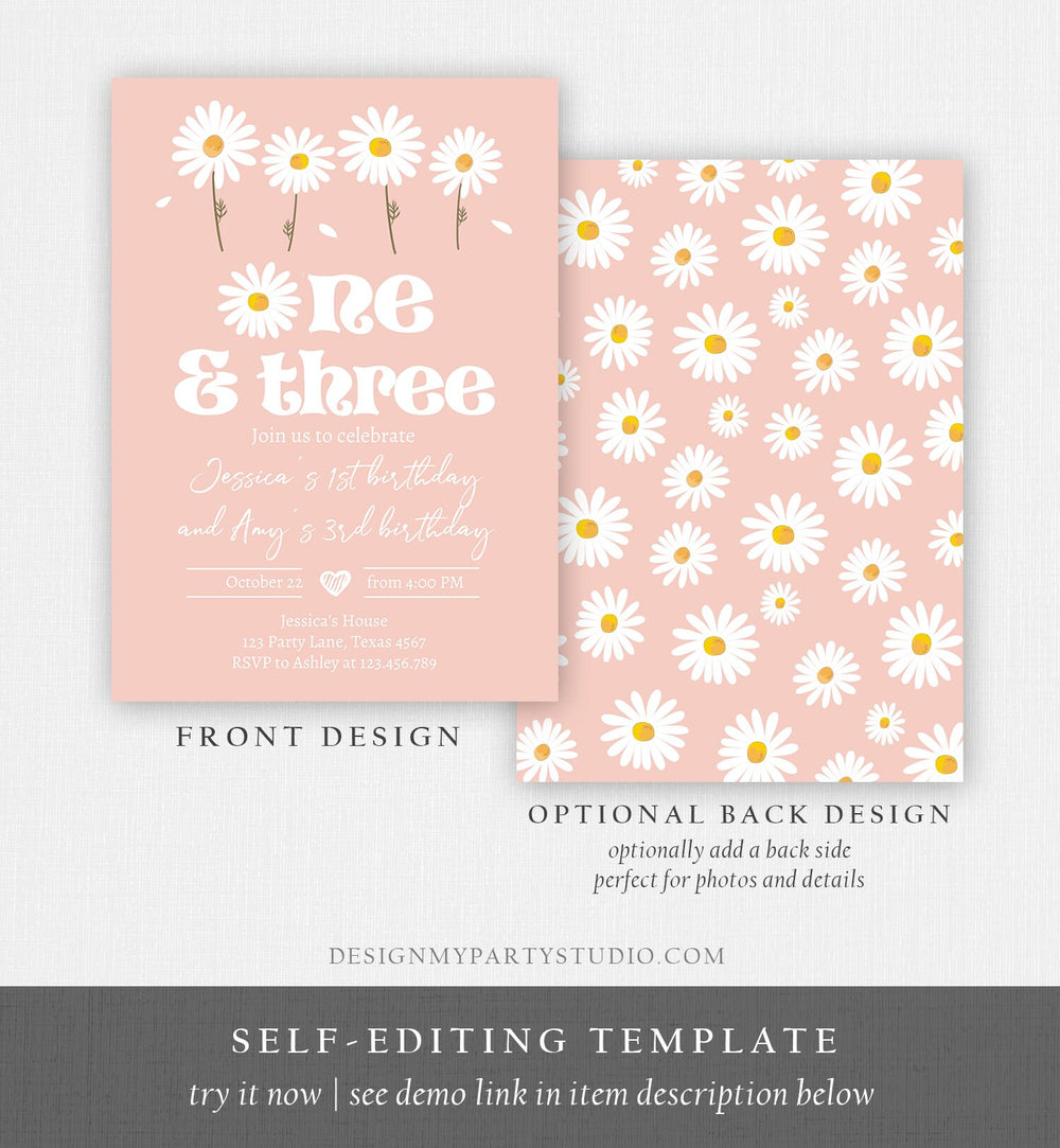 Editable Daisy Birthday Party Invitation 1st Birthday One and Three Pa ...