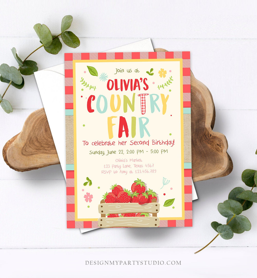 Editable Country Fair invitation Red Gingham Strawberry Home Grown Veg ...