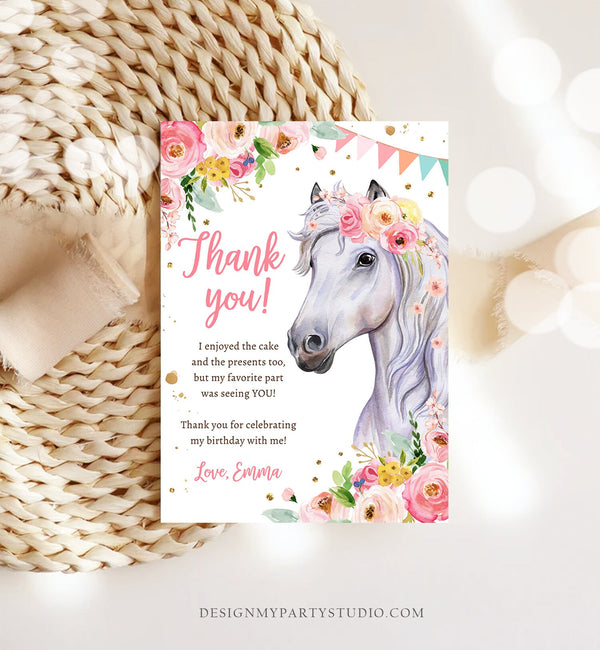 Editable Horse Thank You Card Note Girl Birthday Party Cowgirl Waterco ...