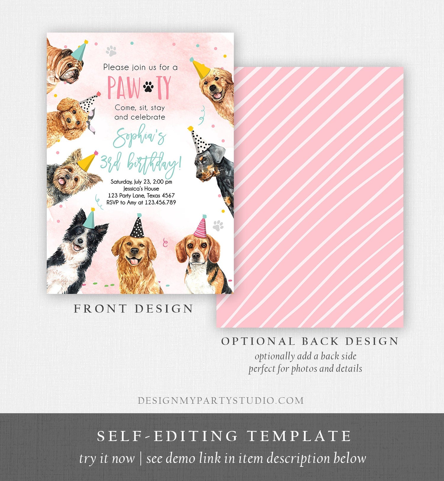 Editable Dog Birthday Party Invitation Puppy Birthday Invite Pink Girl ...