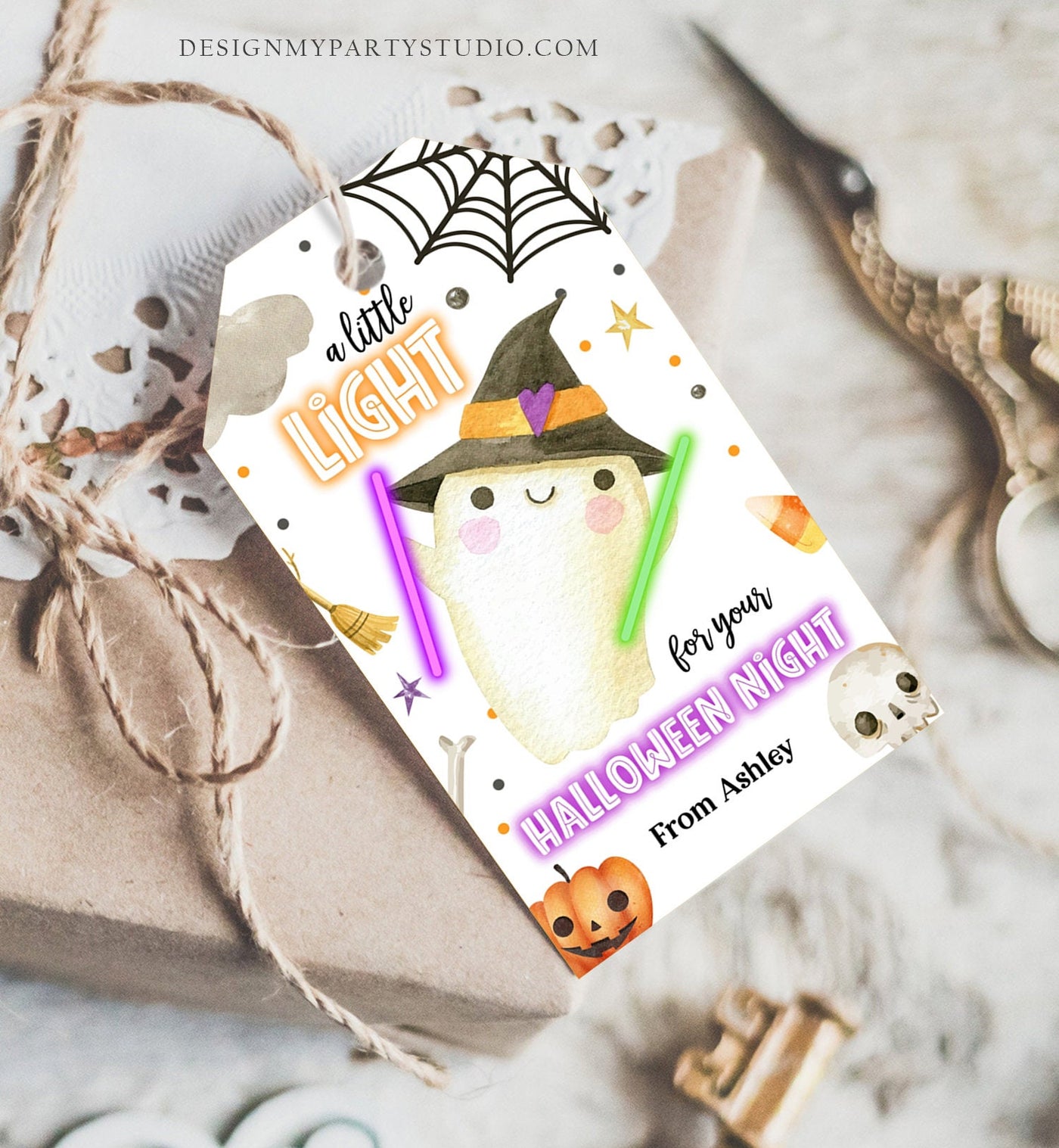 Editable Halloween Glow Stick Favor Tags Ghost Gift Tags Trick Or Trea ...