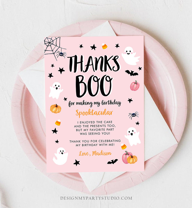 Editable Thanks Boo Halloween Thank You Card Note Pink Ghost Pumpkin B ...