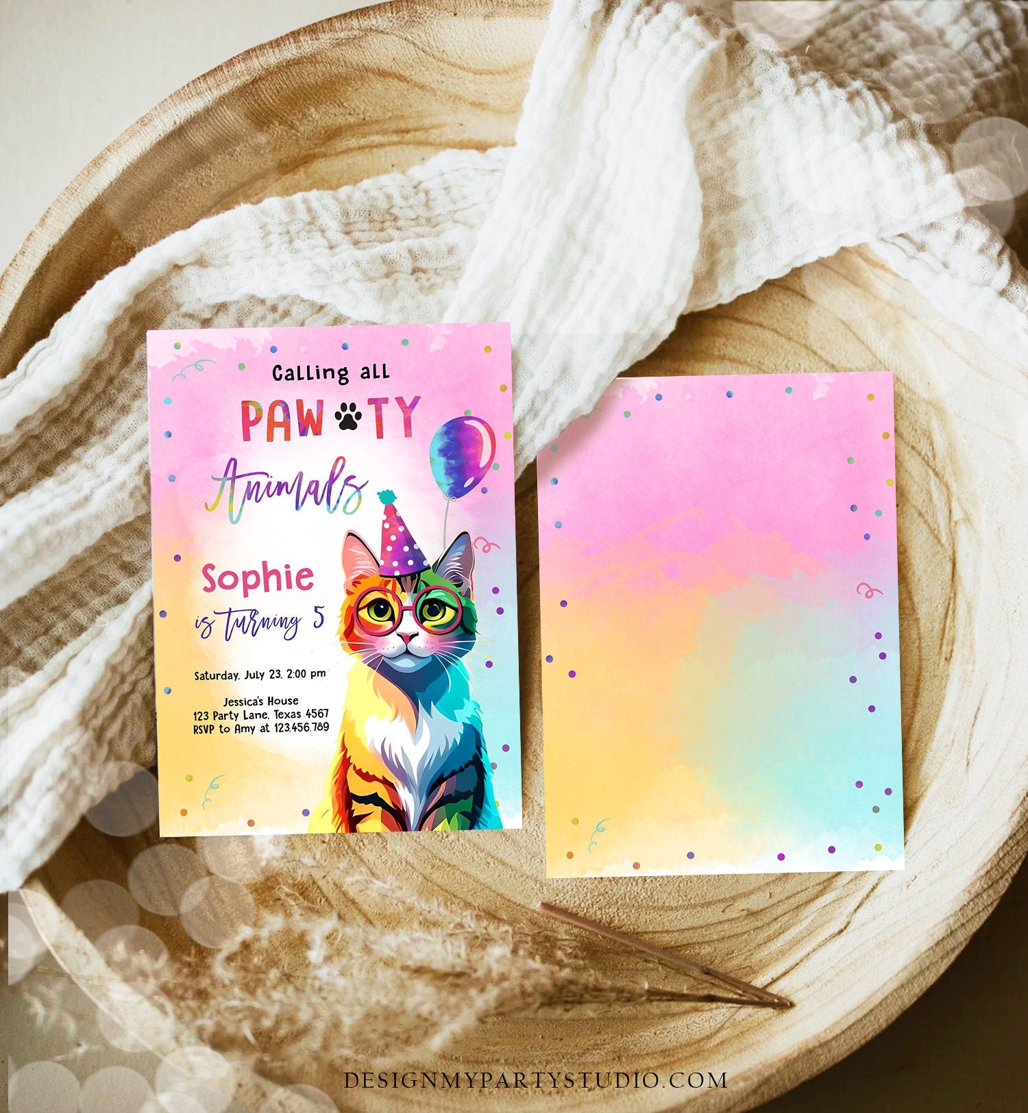 Editable Cat Birthday Party Invitation Kitten Birthday Invite Calling ...