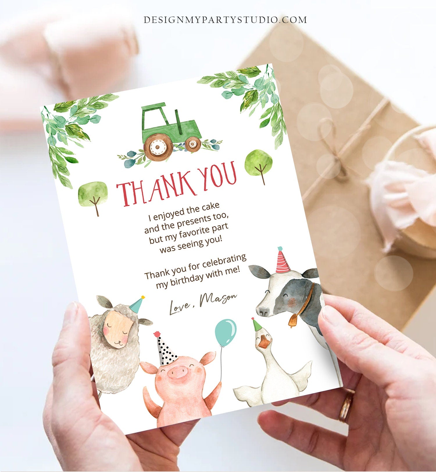 Editable Farm Animals Thank You Card Green Gingham Tractor Farm Birthd ...
