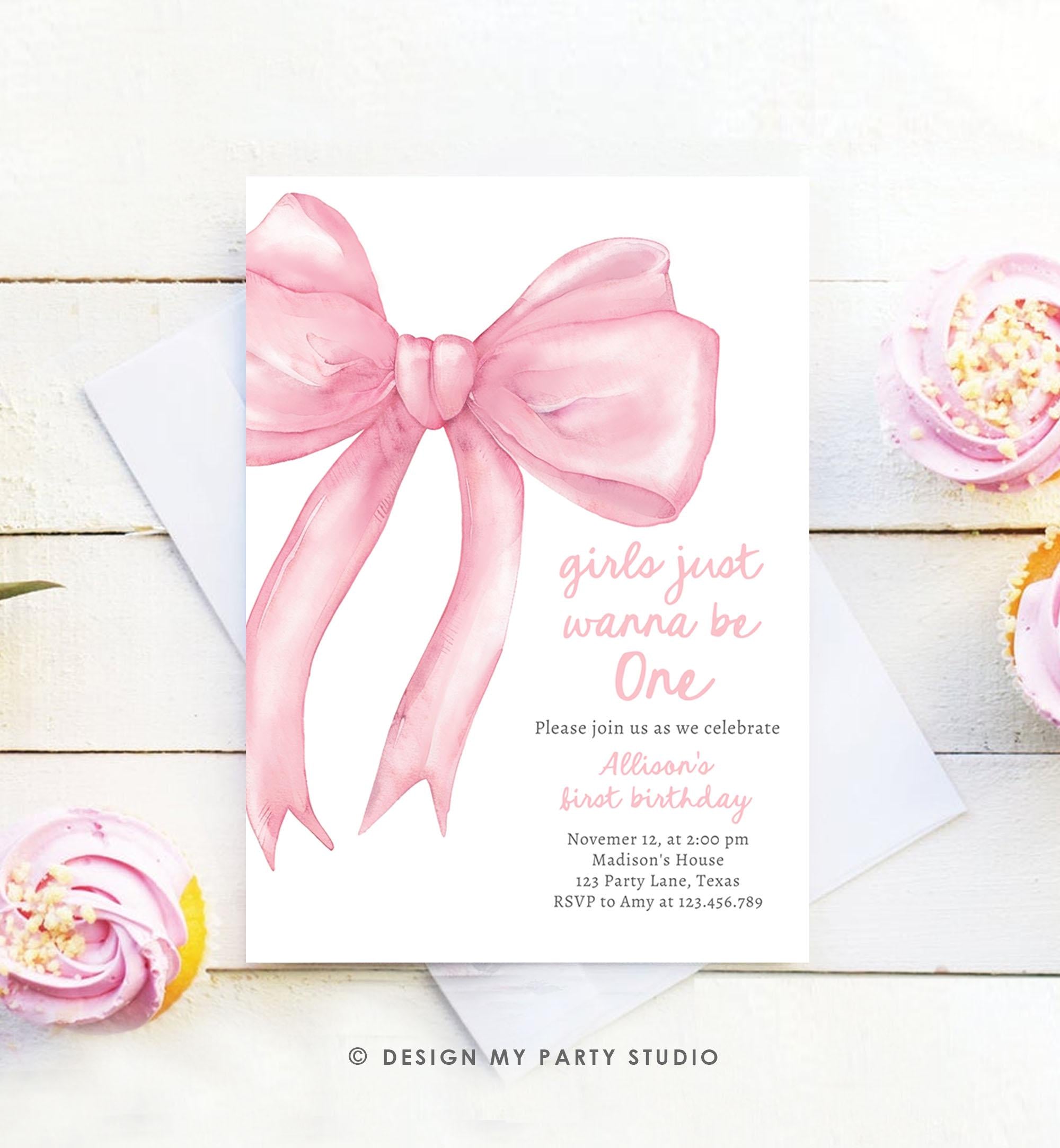 Editable Girls Just Wanna Be One Birthday Invitation Pink Bow 1st Birt ...