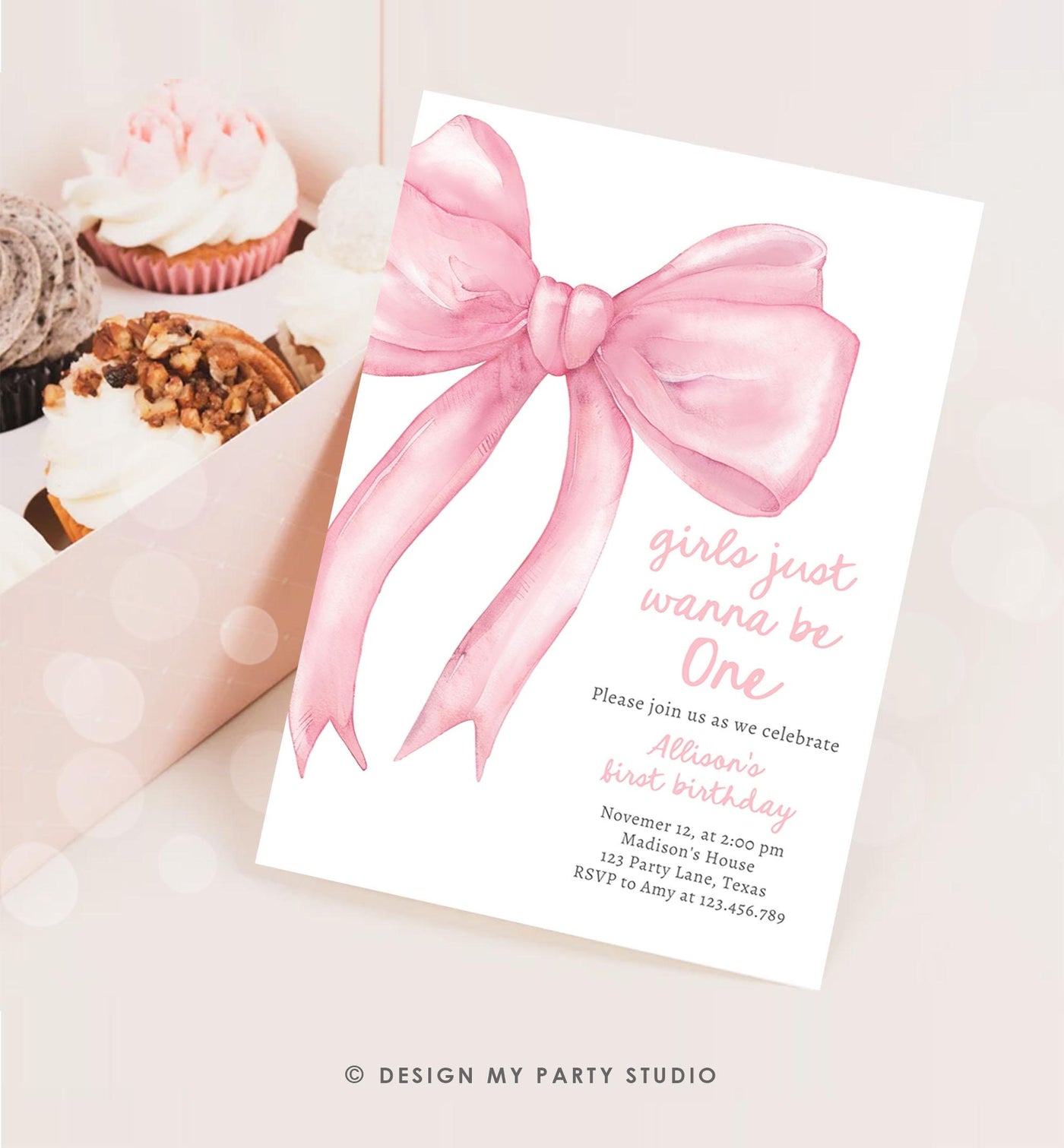 Editable Girls Just Wanna Be One Birthday Invitation Pink Bow 1st Birt ...
