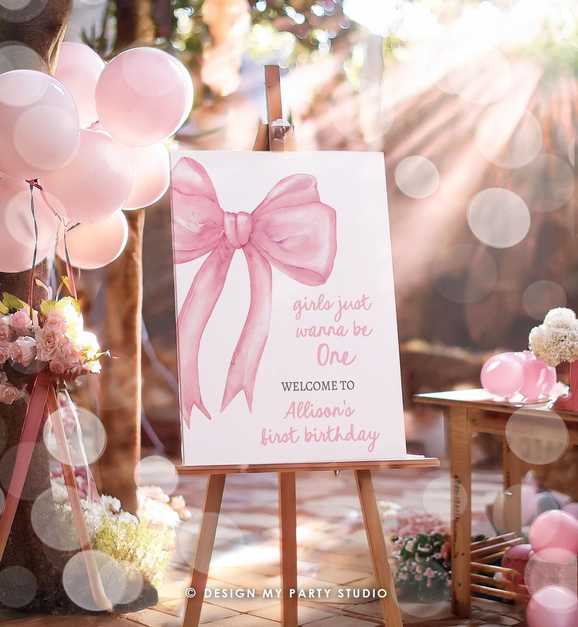 Editable Pink Bow Welcome Sign Girls Just Wanna Be One Birthday Sign B ...