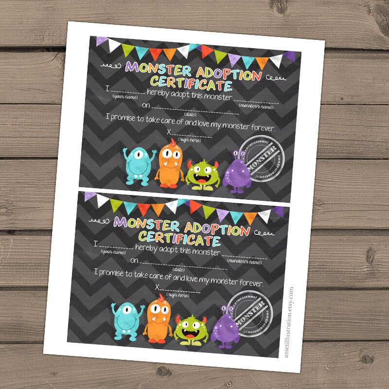 Adopt a Monster certificate and sign Monster Birthday Monster adoption ...