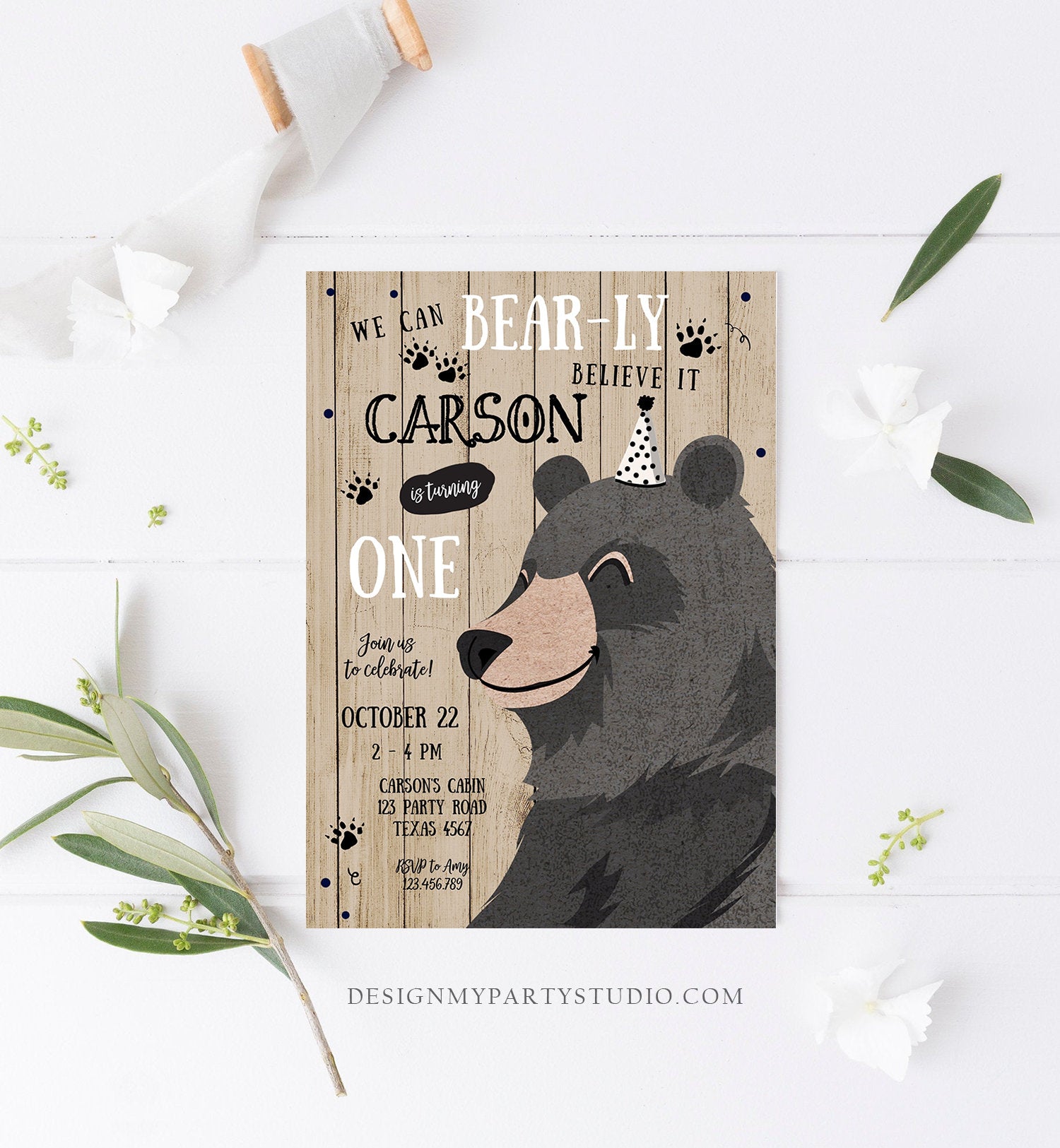 Editable Bear Birthday Invitation Boy Black Bear Invitation Little Cub ...
