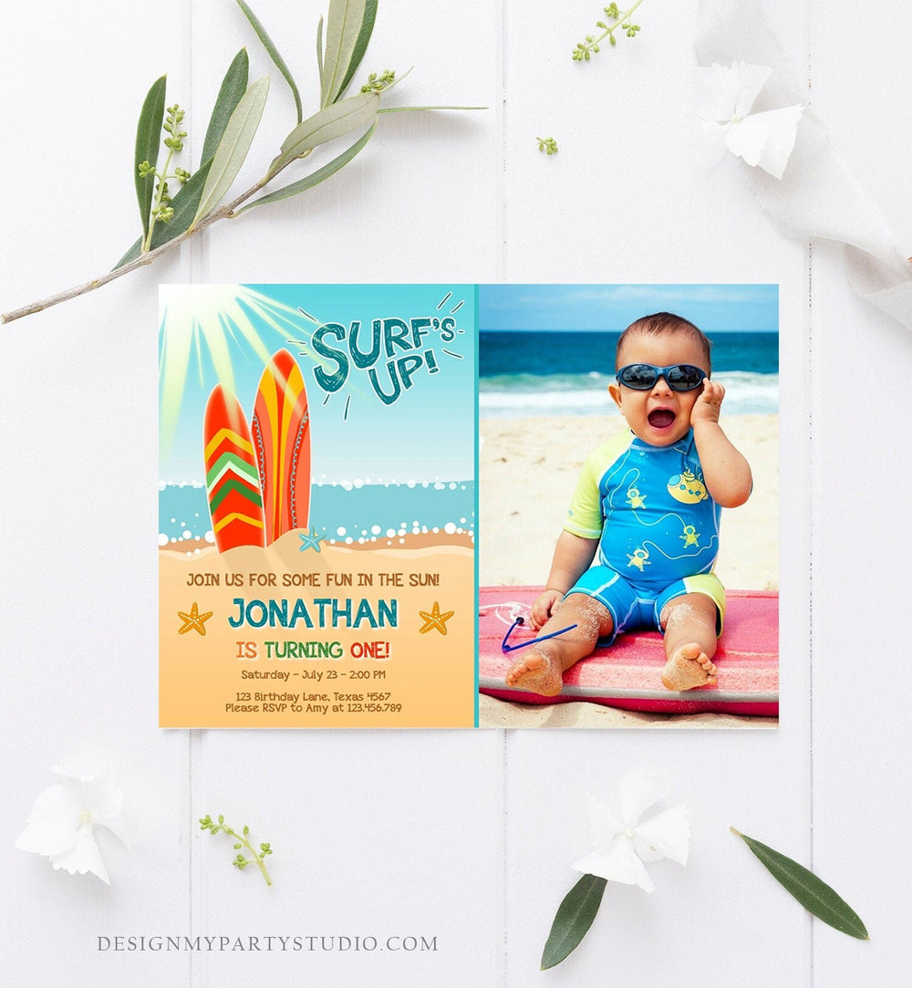 Editable Surf Birthday invitation Summer Beach Party Surfboard Boy Sur ...