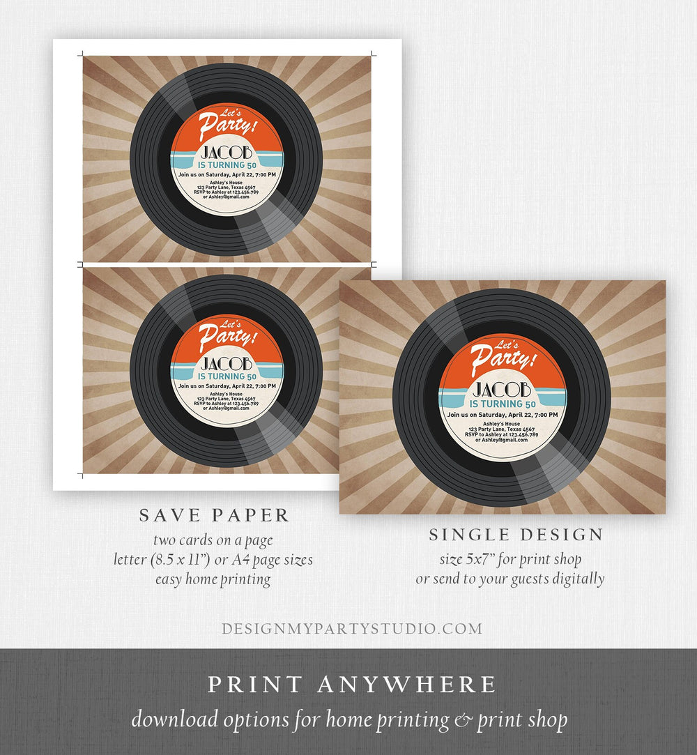 Editable Adult Birthday Invitation Vintage Vinyl Record Invite Oldies ...