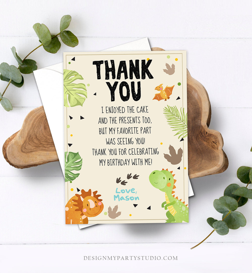 Editable Dinosaur Thank You Card Boy Prehistoric Dino Dig Party T-Rex ...