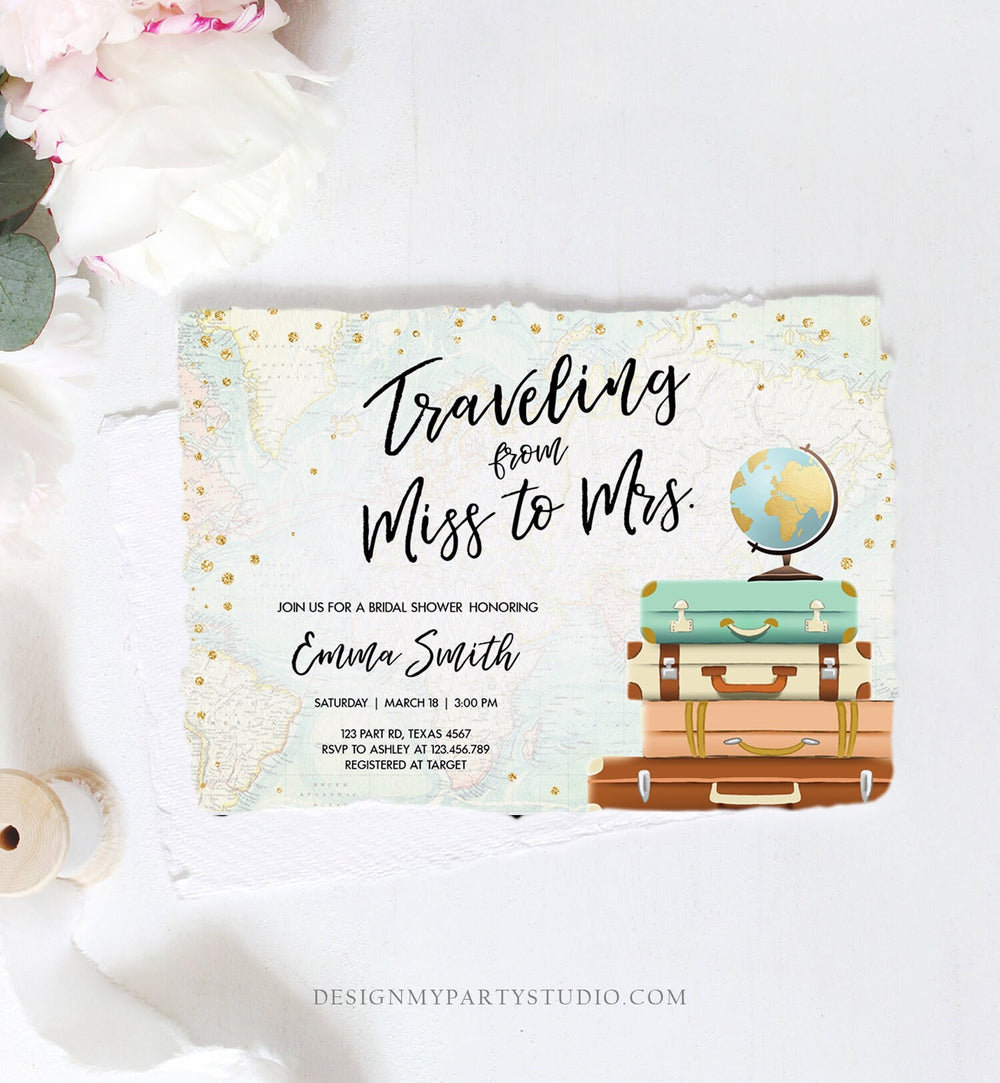 Editable Bridal Shower Invitation Traveling from Miss to Mrs Travel Wo ...