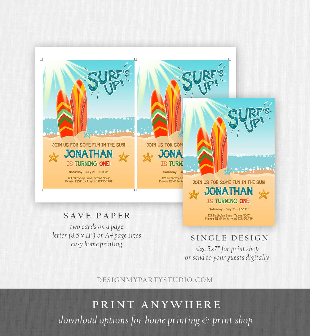 Editable Surf Birthday invitation Summer Beach Party Surfboard Boy Sur ...