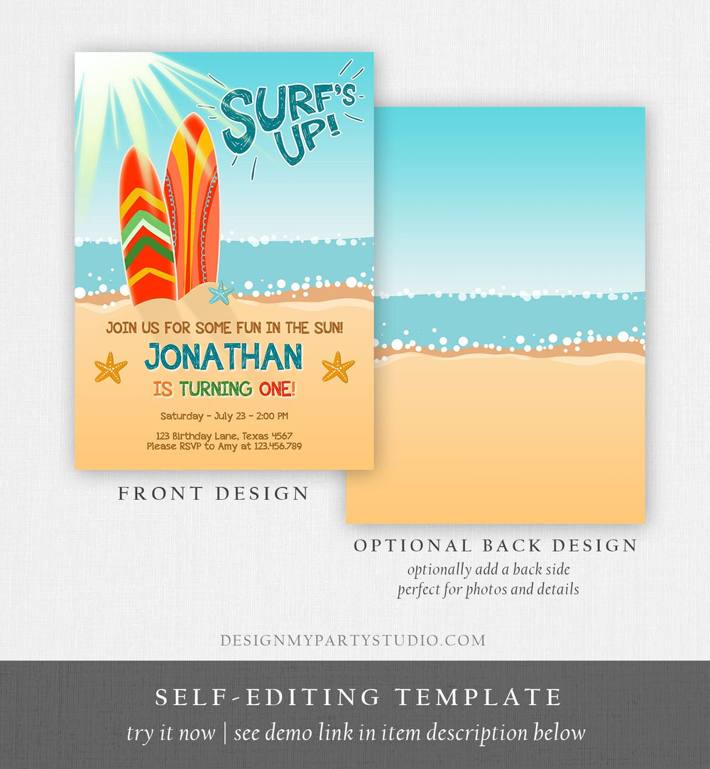 Editable Surf Birthday invitation Summer Beach Party Surfboard Boy Sur ...