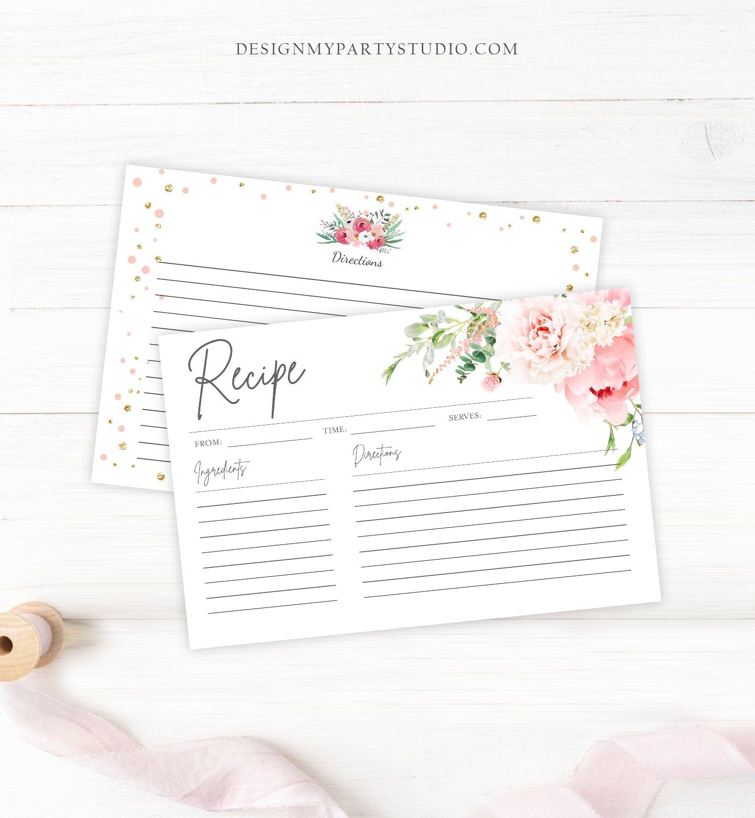 Editable Recipe Card Kitchen Bridal Shower Botanical Flowers Pink Flor ...
