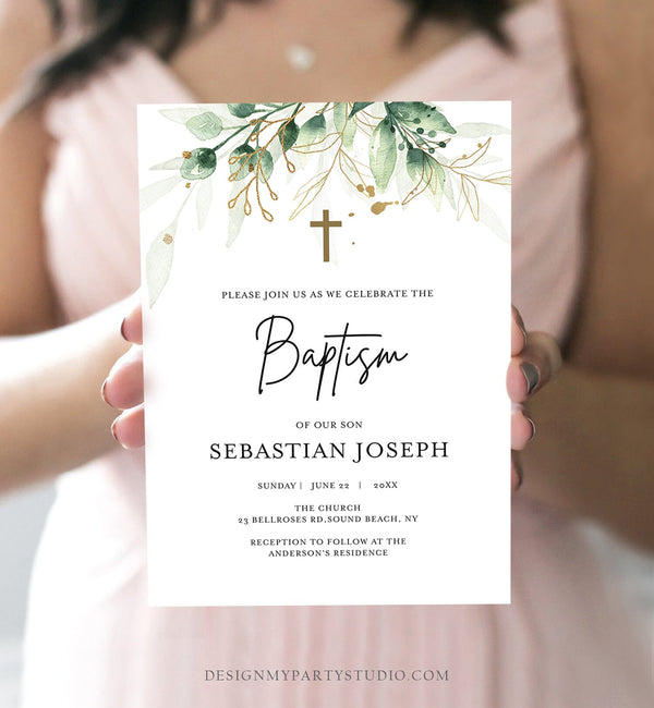Editable Greenery Baptism Invitation Boy Girl Baptism Gold Leaves Foli ...