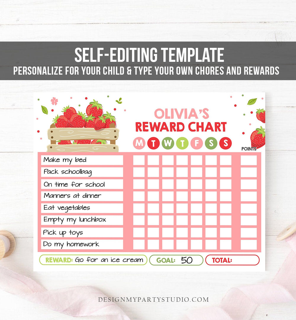 Editable Strawberry Reward Chart Daily Routine Chart for Kids Red Pink ...