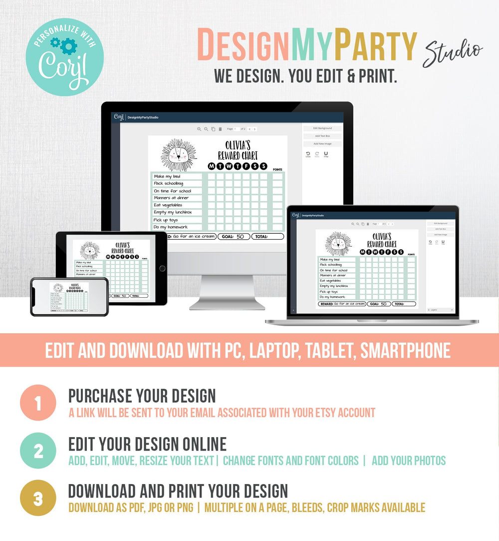 Editable Lion Reward Chart for Boys Printable Animal Chore Chart for K ...