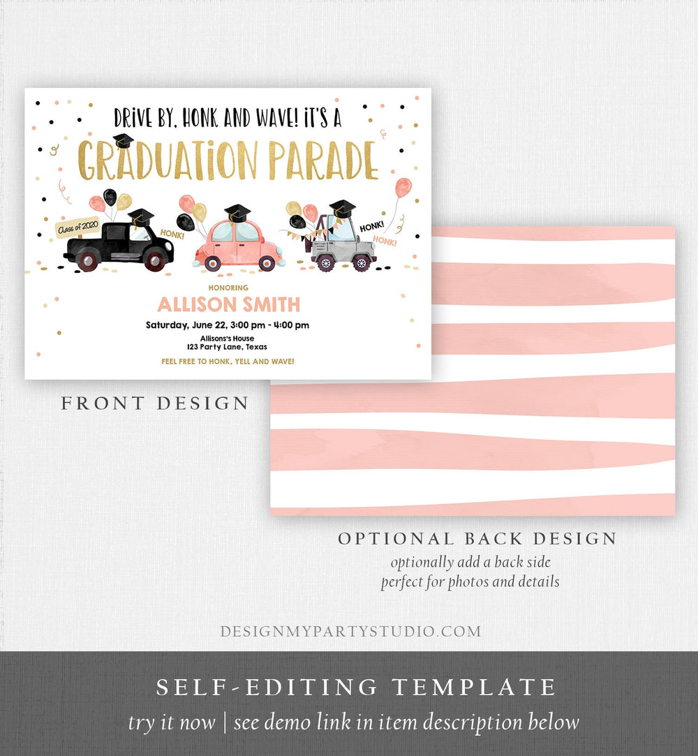 Editable Drive By Graduation Parade Invitation Virtual Party Coral Gir ...
