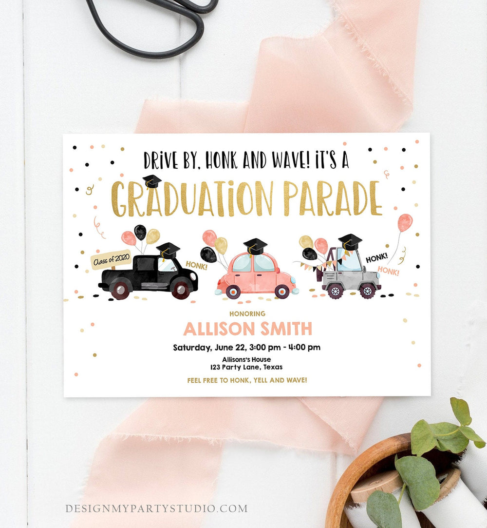 Editable Drive By Graduation Parade Invitation Virtual Party Coral Gir ...