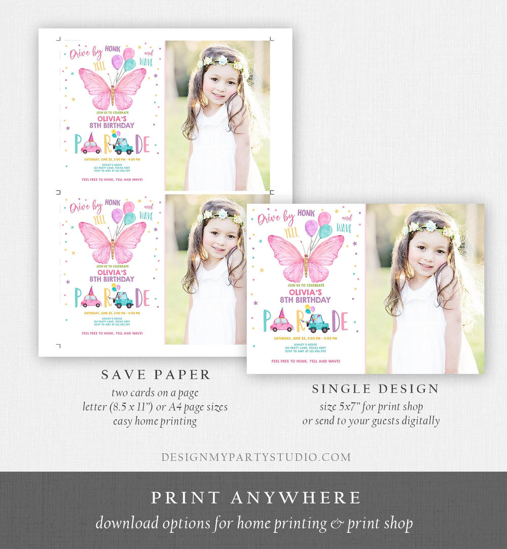 Editable Butterfly Drive By Birthday Parade Invitation Virtual Party I ...