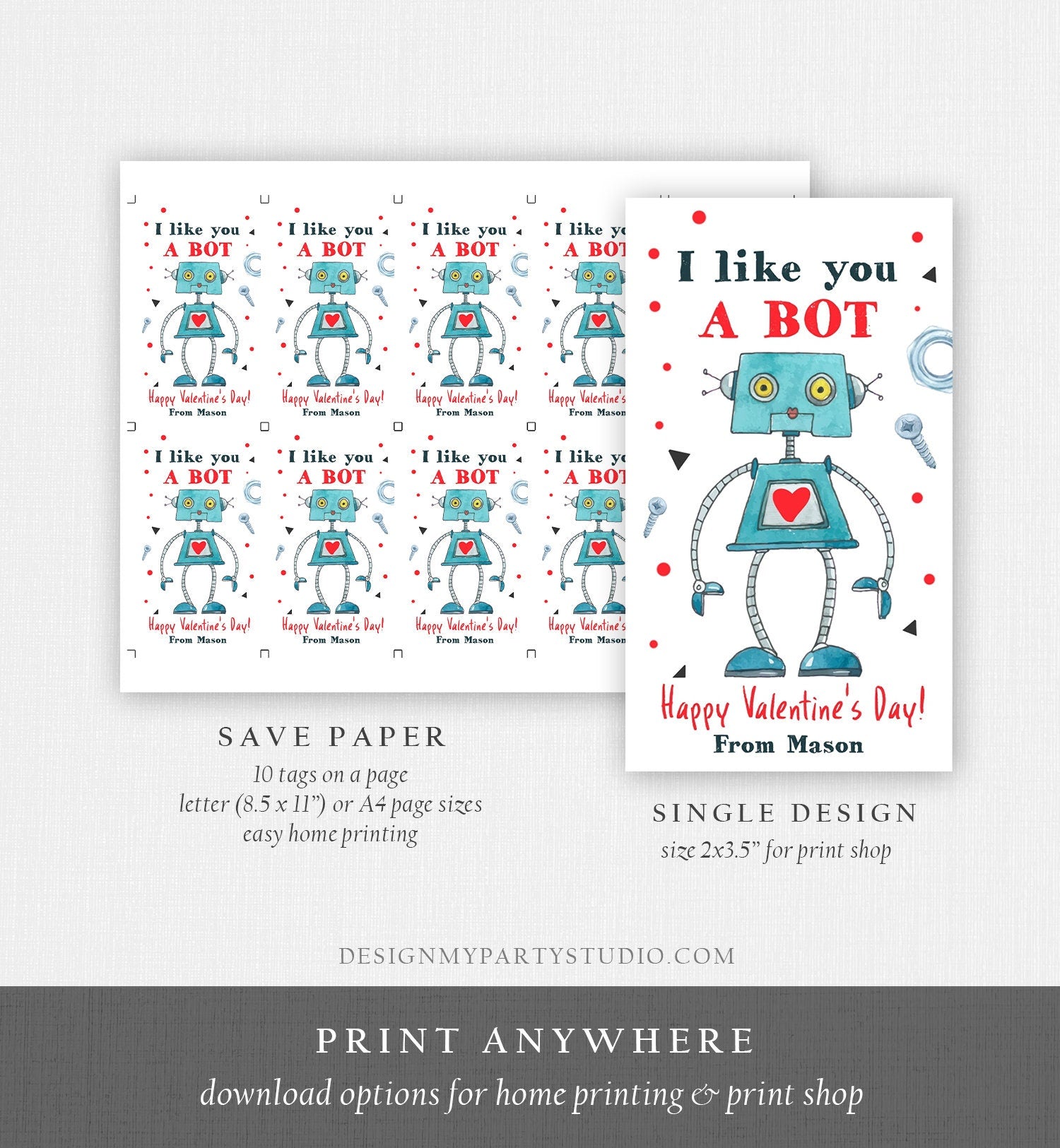 Editable Valentine's Day Card for Kids Robot Valentines Tag School I L ...