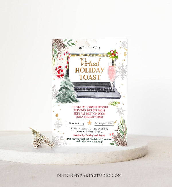 Editable Virtual Holiday Toast Invitation Christmas Party Zoom Invite ...