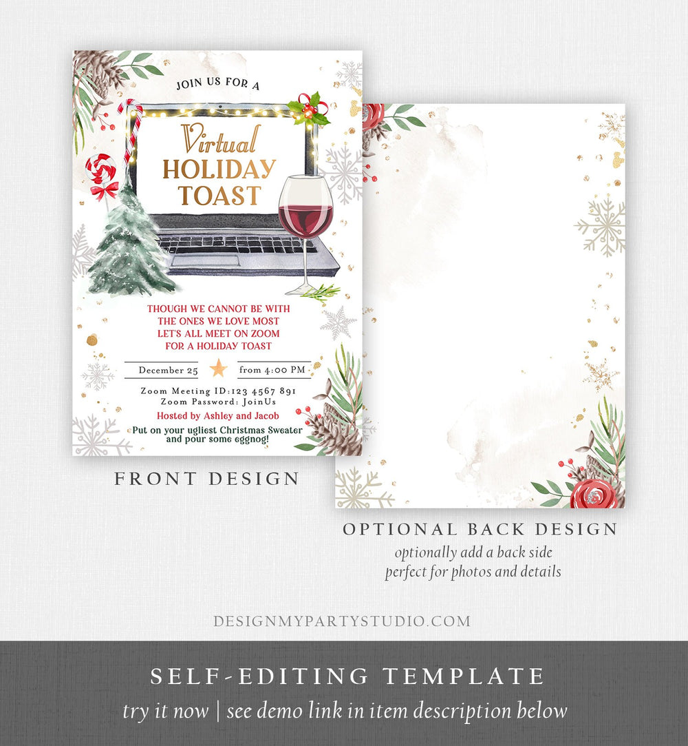 Editable Virtual Holiday Toast Invitation Christmas New Year Party Zoo ...