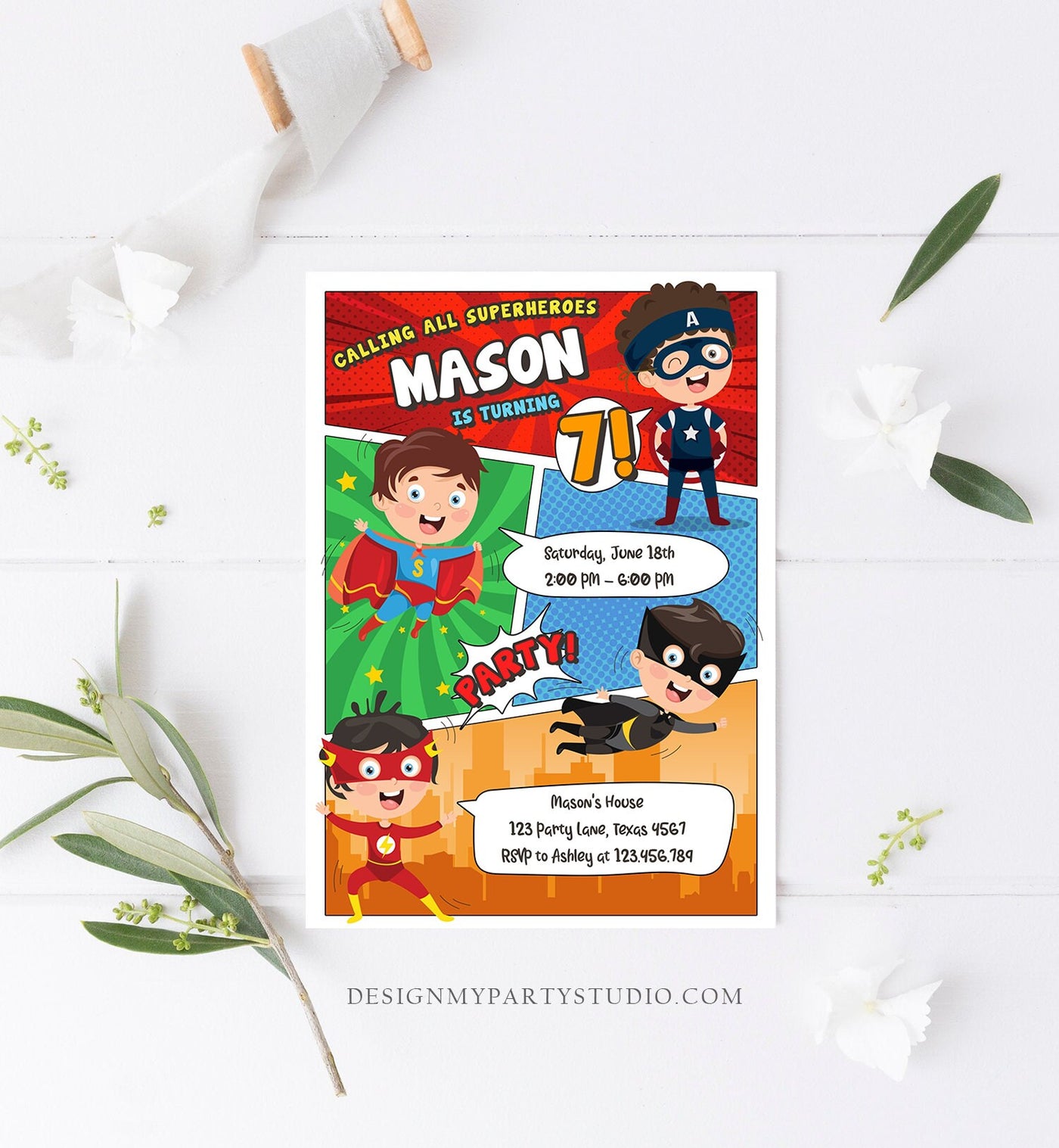 Editable Superheroes Birthday Invitation Comic Book Action Superhero S ...