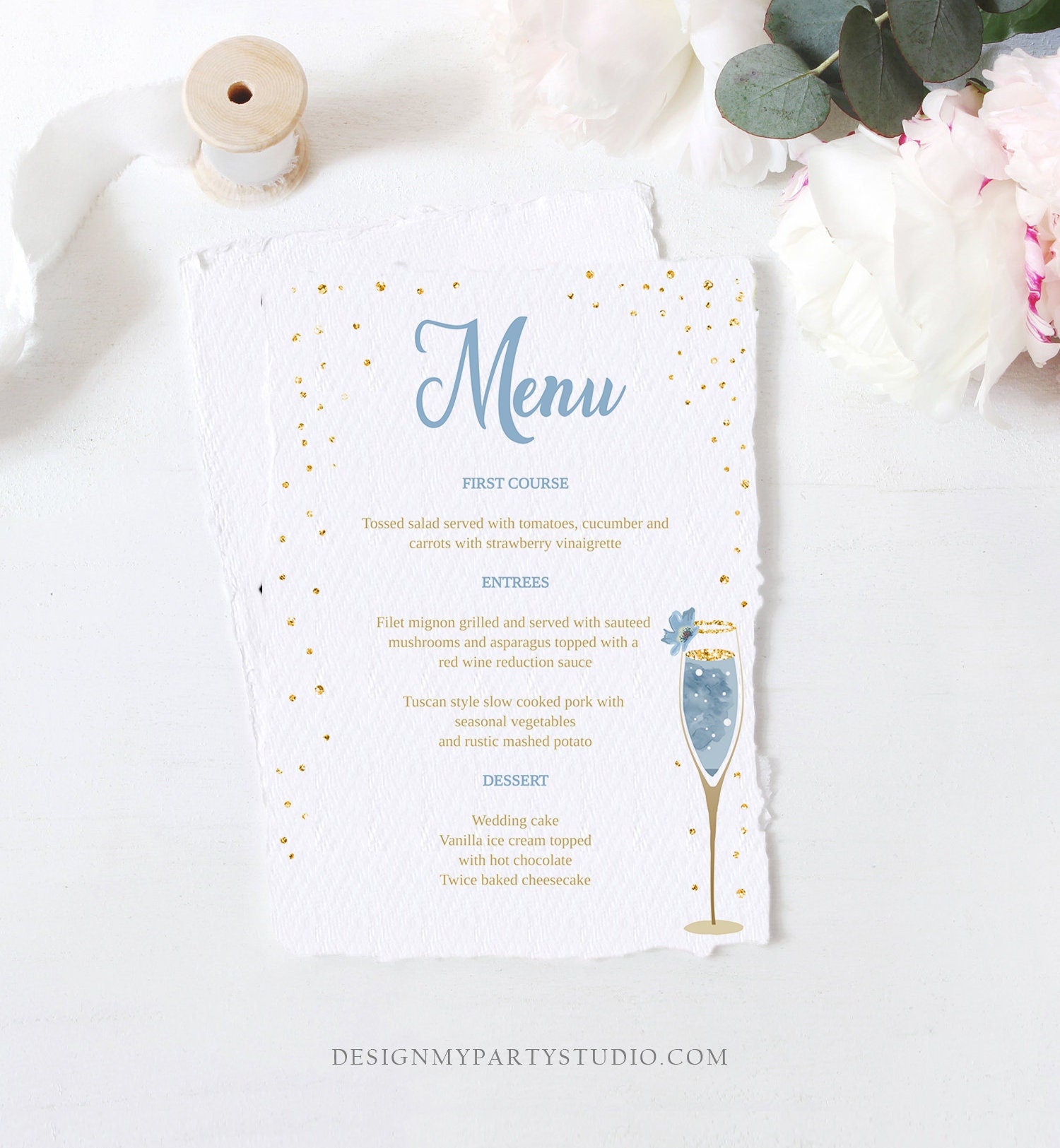 Editable Brunch and Bubbly Menu Card Bridal Shower Blue Champagne Gold ...