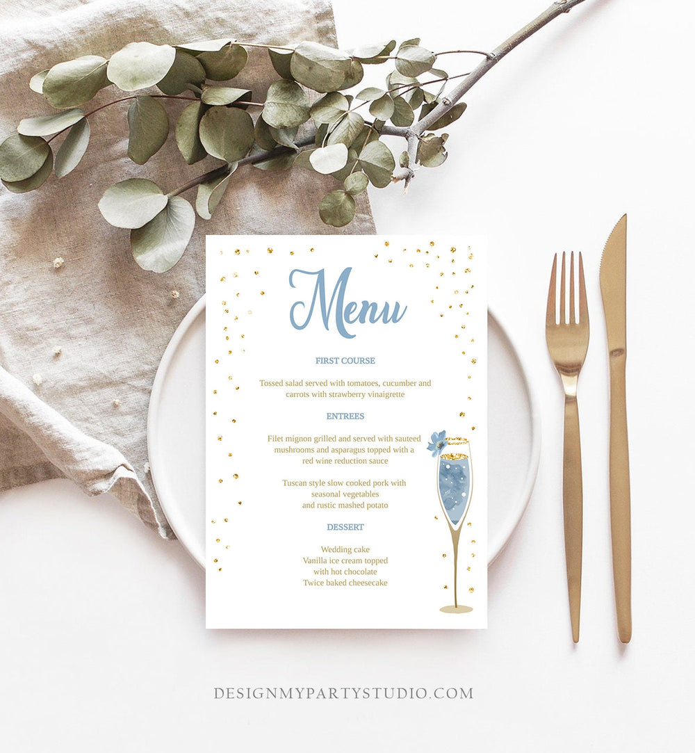 Editable Brunch and Bubbly Menu Card Bridal Shower Blue Champagne Gold ...