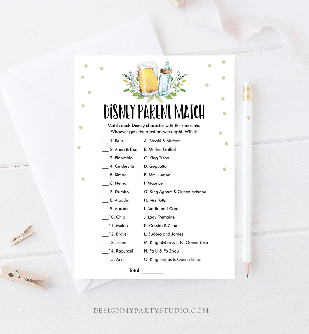 Editable Disney Parent Match Baby Shower Game Parents Names Game Green ...