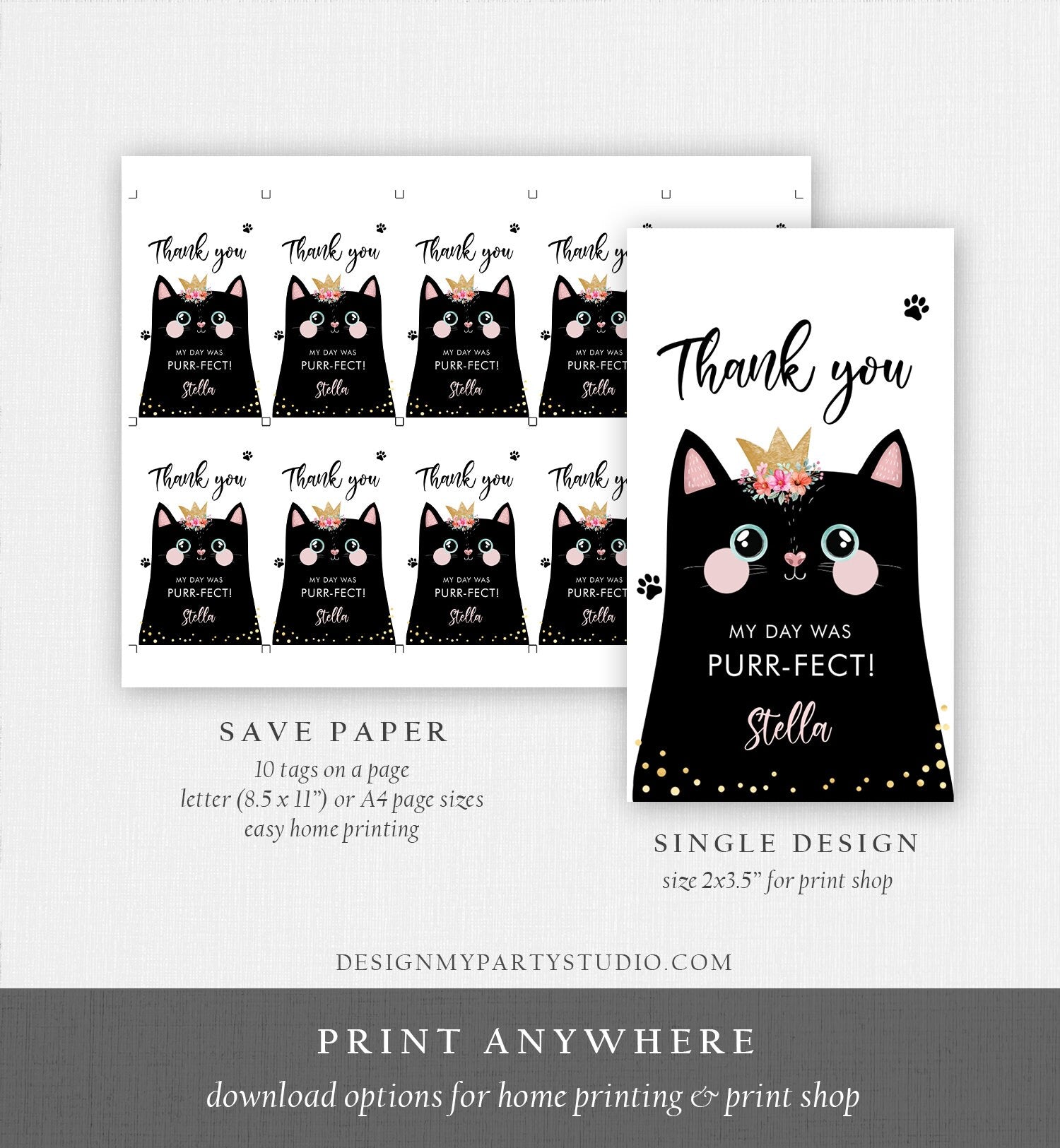 Editable Kitten Birthday Favor Tags Kitty Birthday Thank you Label Cat ...