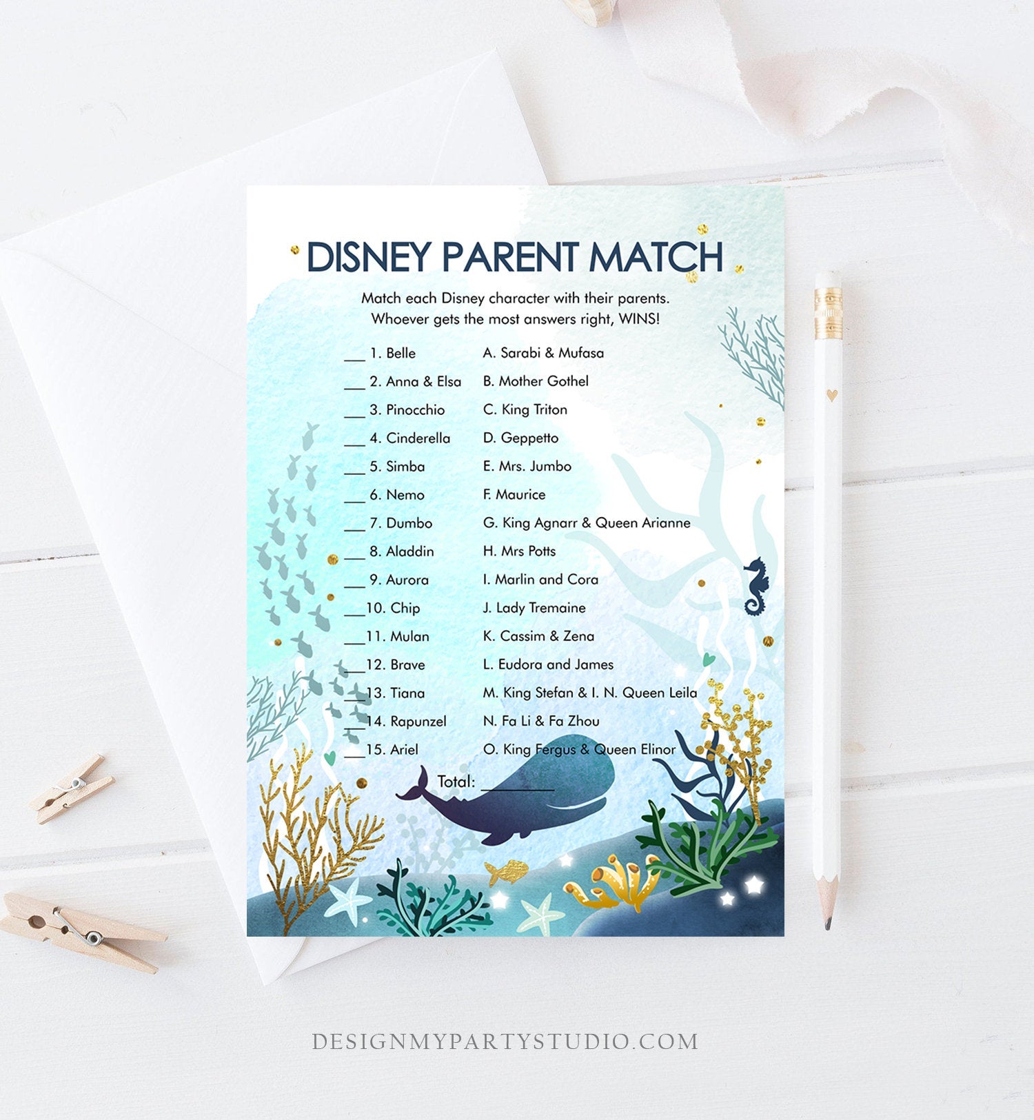 Editable Disney Parent Match Game Whale Nautical Baby Shower Game Ocea ...