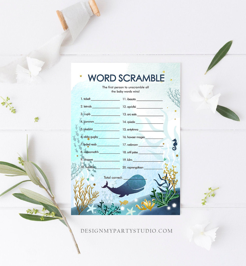 Editable Word Scramble Game Whale Nautical Baby Shower Search Game Oce ...