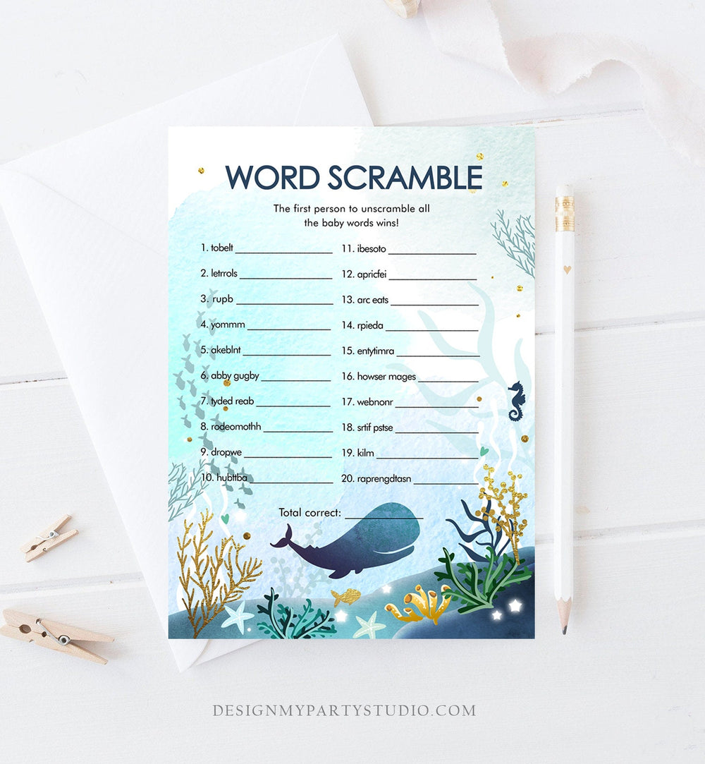 Editable Word Scramble Game Whale Nautical Baby Shower Search Game Oce ...