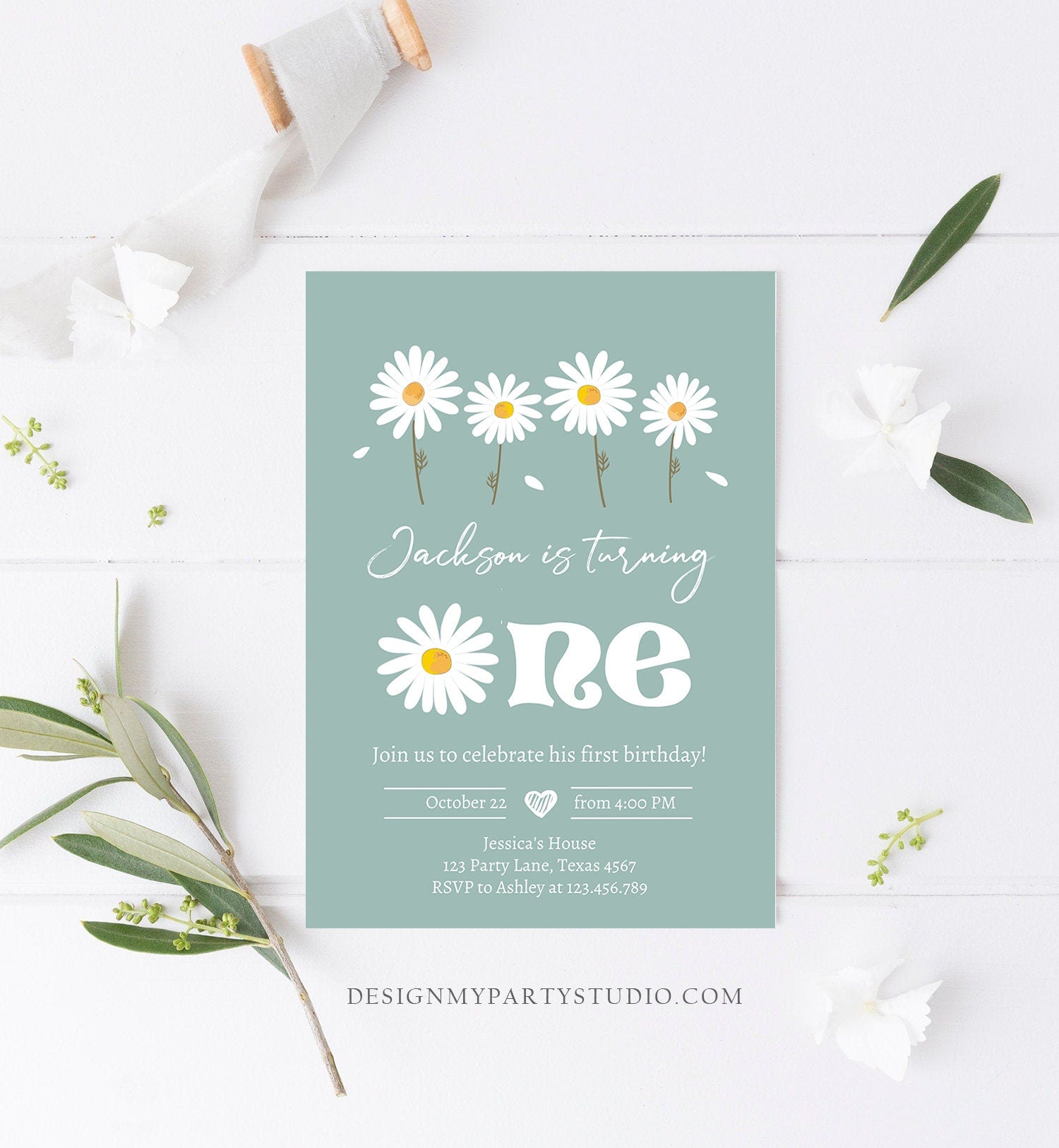 Editable Daisy Birthday Party Invitation 1st Birthday One Party Bohemi ...