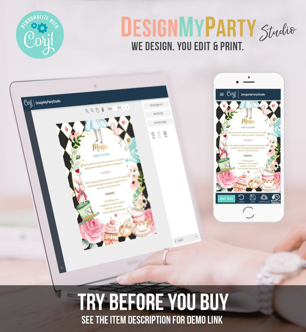 Editable Alice in Wonderland Menu Card Alice in Onederland Birthday Pi ...