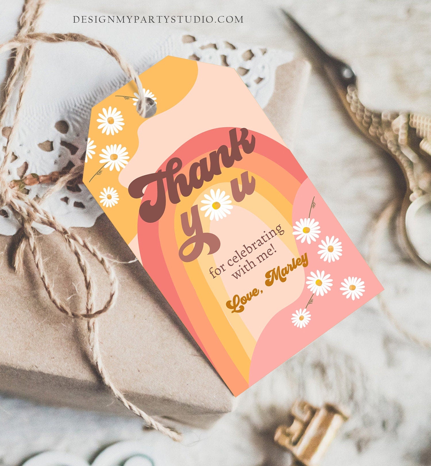 Editable Retro Daisy Favor Tags 1st 2nd Groovy Birthday Thank you Tags ...