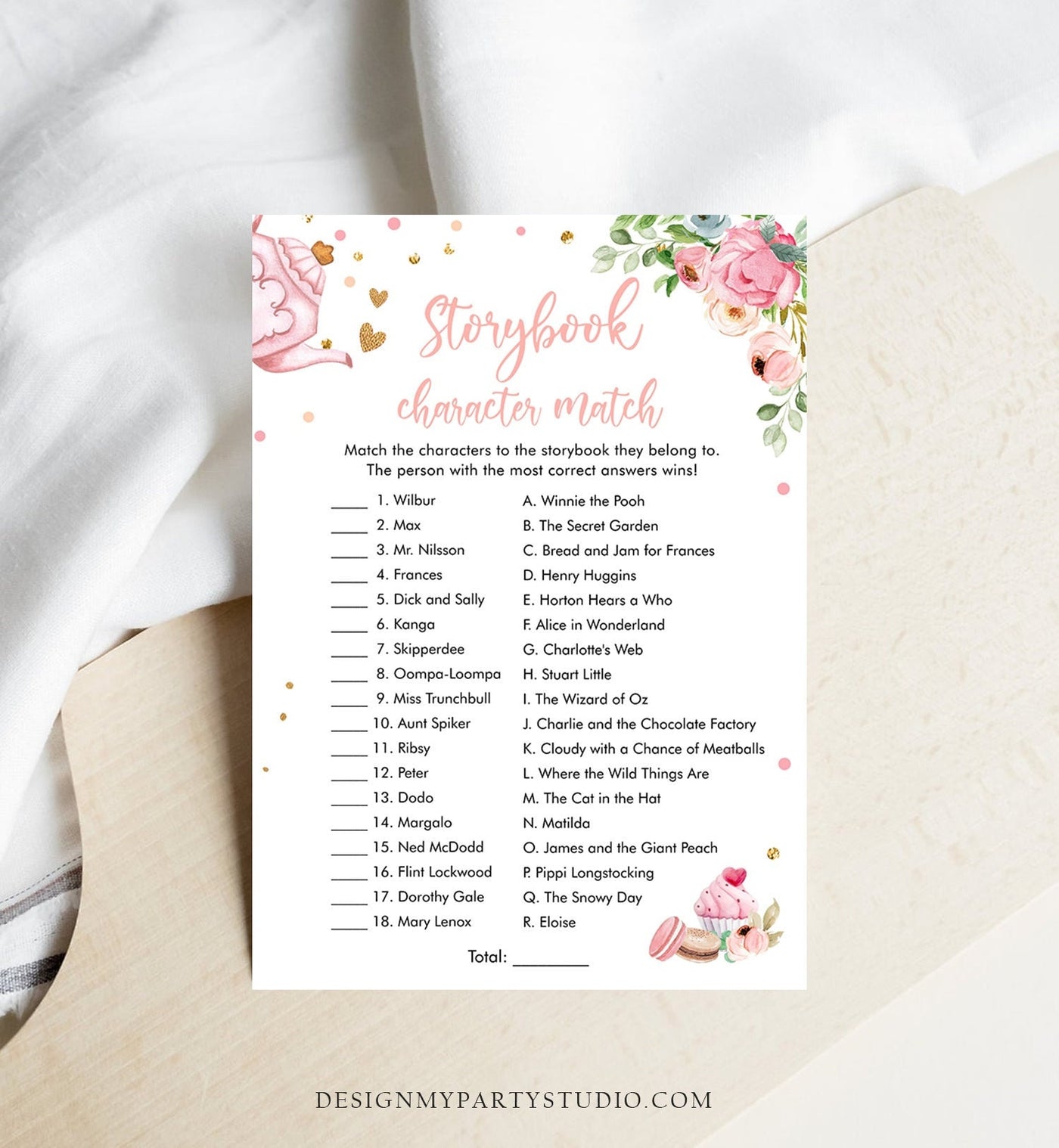 Editable Storybook Character Match Game Baby Shower Tea Party Baby is ...