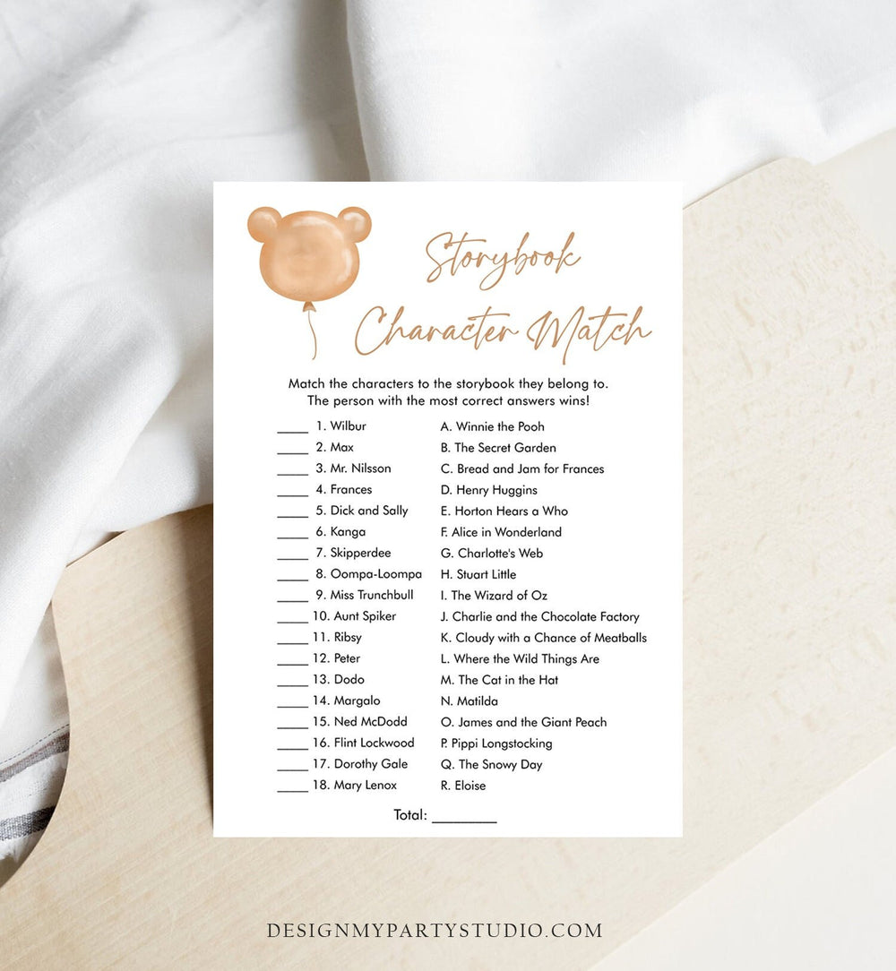 Editable Storybook Character Match Game Baby Shower Game Modern Bear T ...