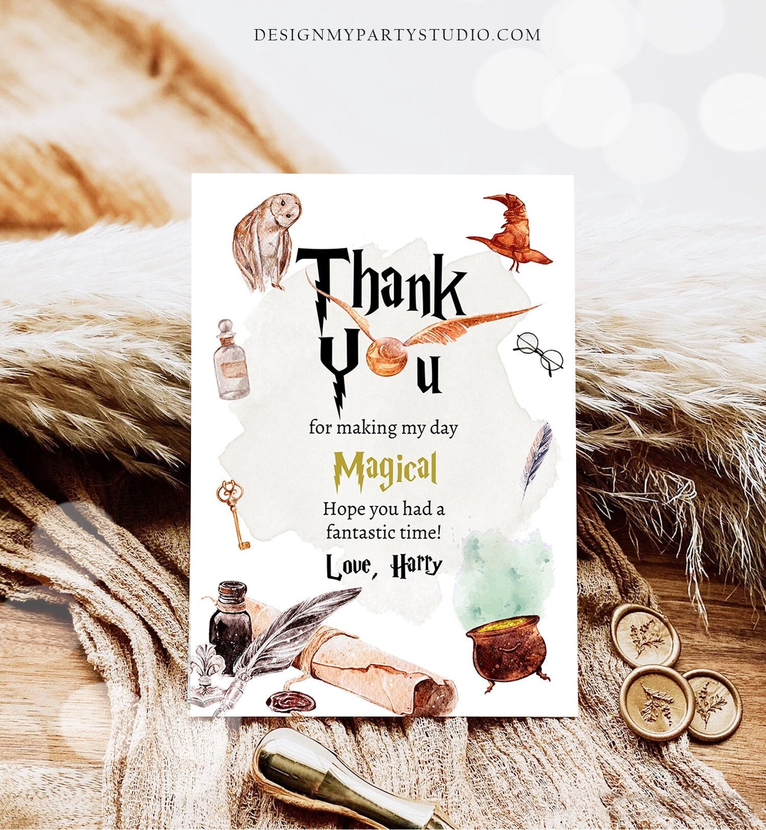 Editable Wizard Thank You Card Wizard Birthday The Chosen One Magical ...