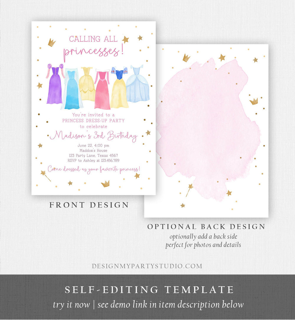 Editable Princess Birthday Invitation Princess Dress-Up Invite Royal B ...