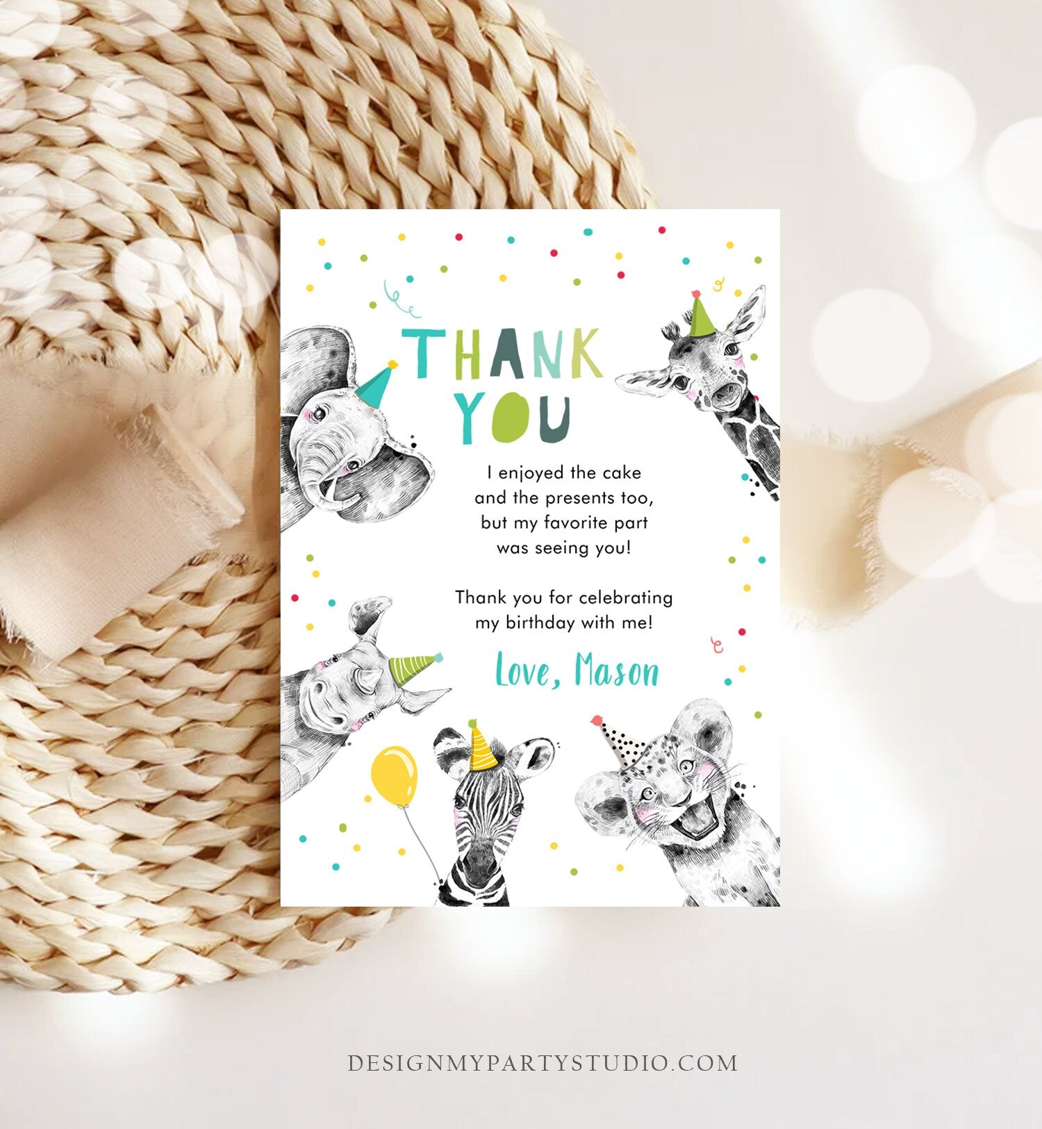 Editable Thank You Card Safari Animals Wild One Two Wild Thank You Not ...