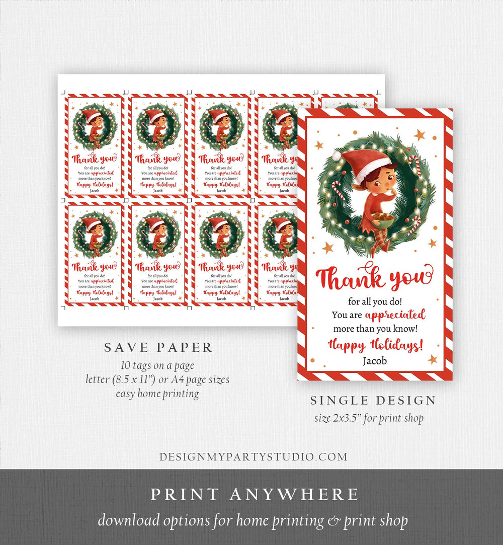 Editable Elf Christmas Thank You Favor Tag Cookie Gift Teacher Santa C ...